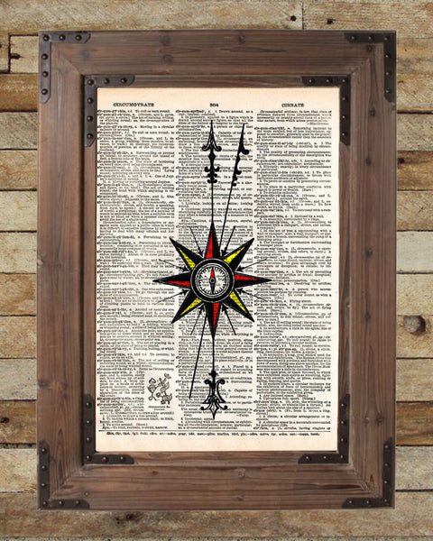 Compass rose, Nautical art print, vintage dictionary page book art pri ...